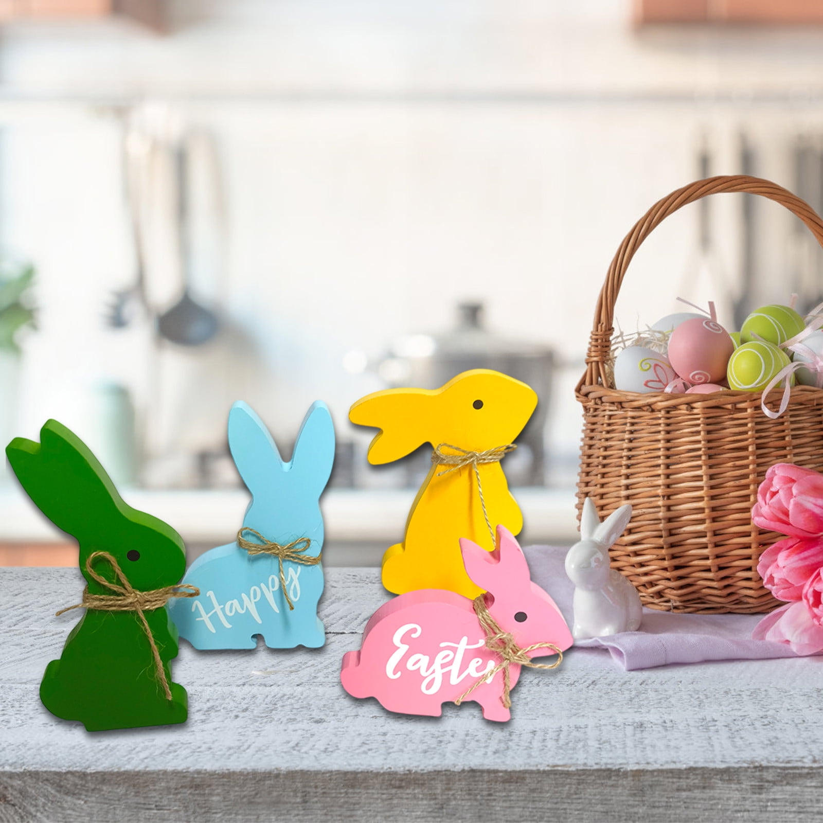 Mikilon 4 Easter Bunny Table Decorations Centerpieces Decorative Wooden ...