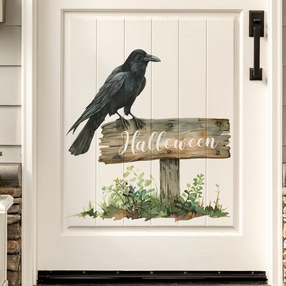Mikilon Halloween Crow Door Stickers, Black Ravens Wall Decor for ...