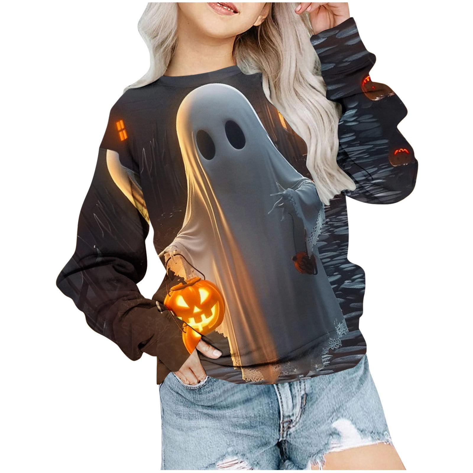 Mikilon Halloween Girls Tops Size 1-12 Kids Round Neck Long Sleeve ...