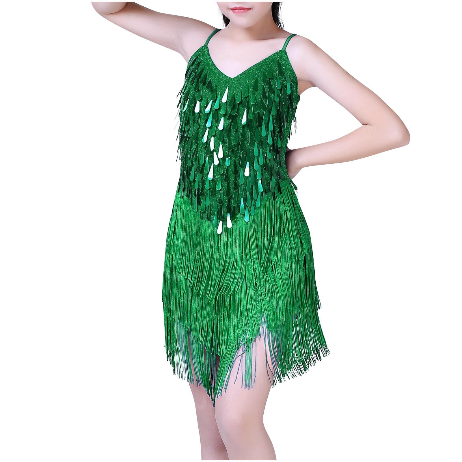 Mikilon Latin Dance Dress Tassel Salsa Dancewear Sequin Fringe Dress ...