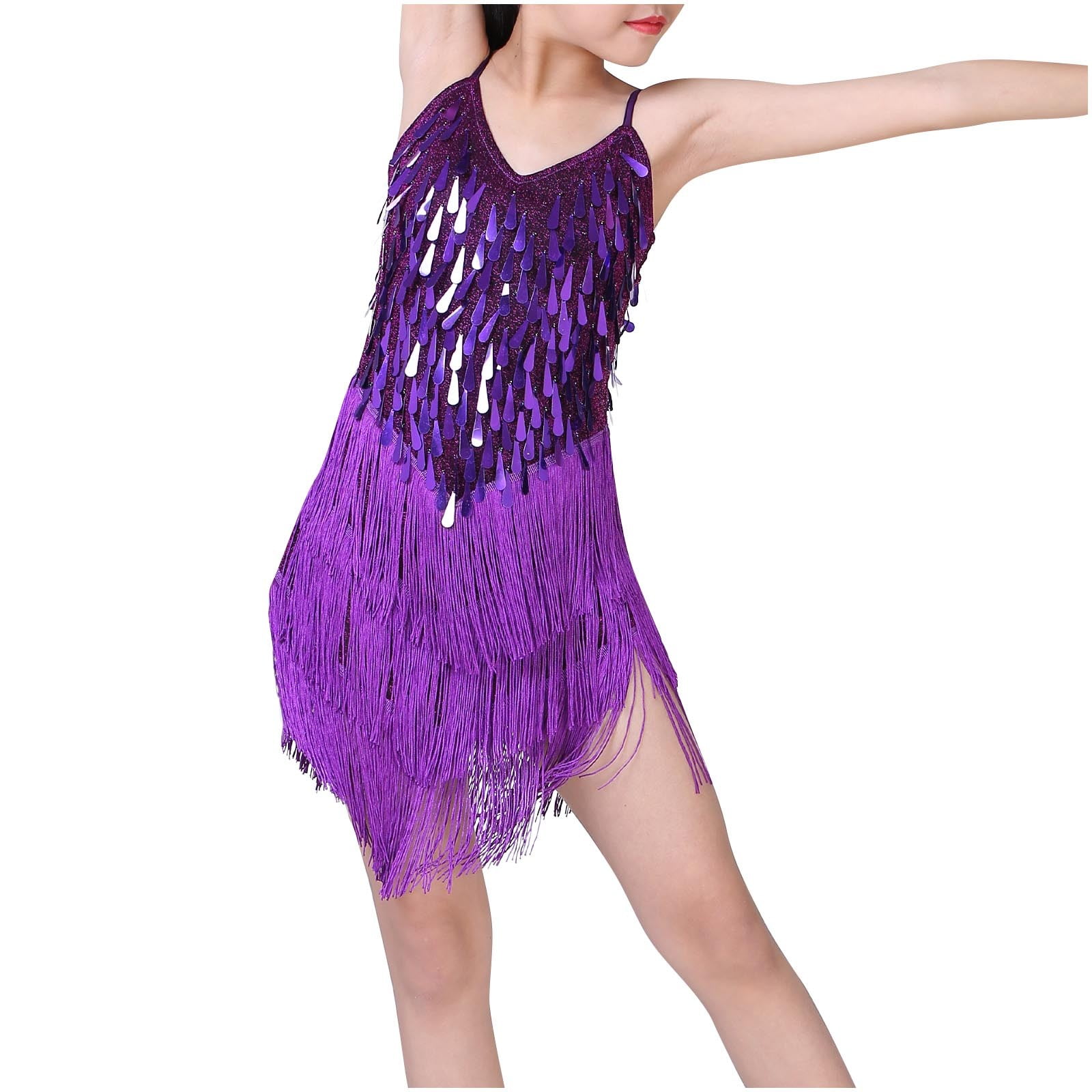Mikilon Latin Dance Dress Tassel Salsa Dancewear Sequin Fringe Dress ...