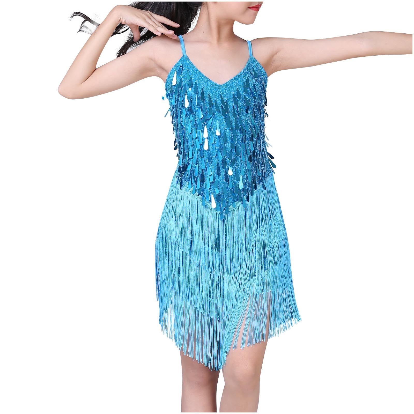Mikilon Latin Dance Dress Tassel Salsa Dancewear Sequin Fringe Dress ...