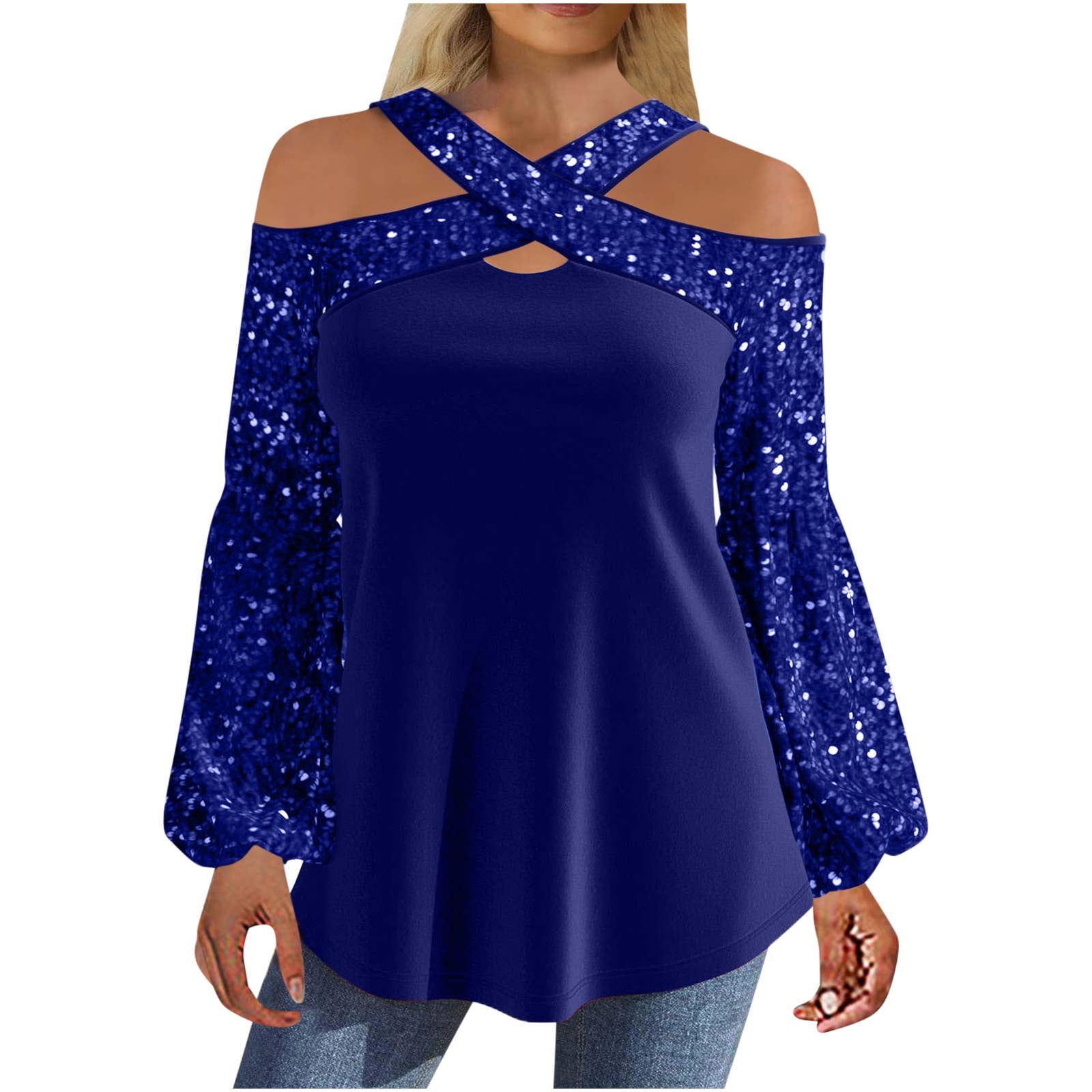 Mikilon Women's Cross Neck Tops Off Shoulder Lantern Sleeve Sequin ...