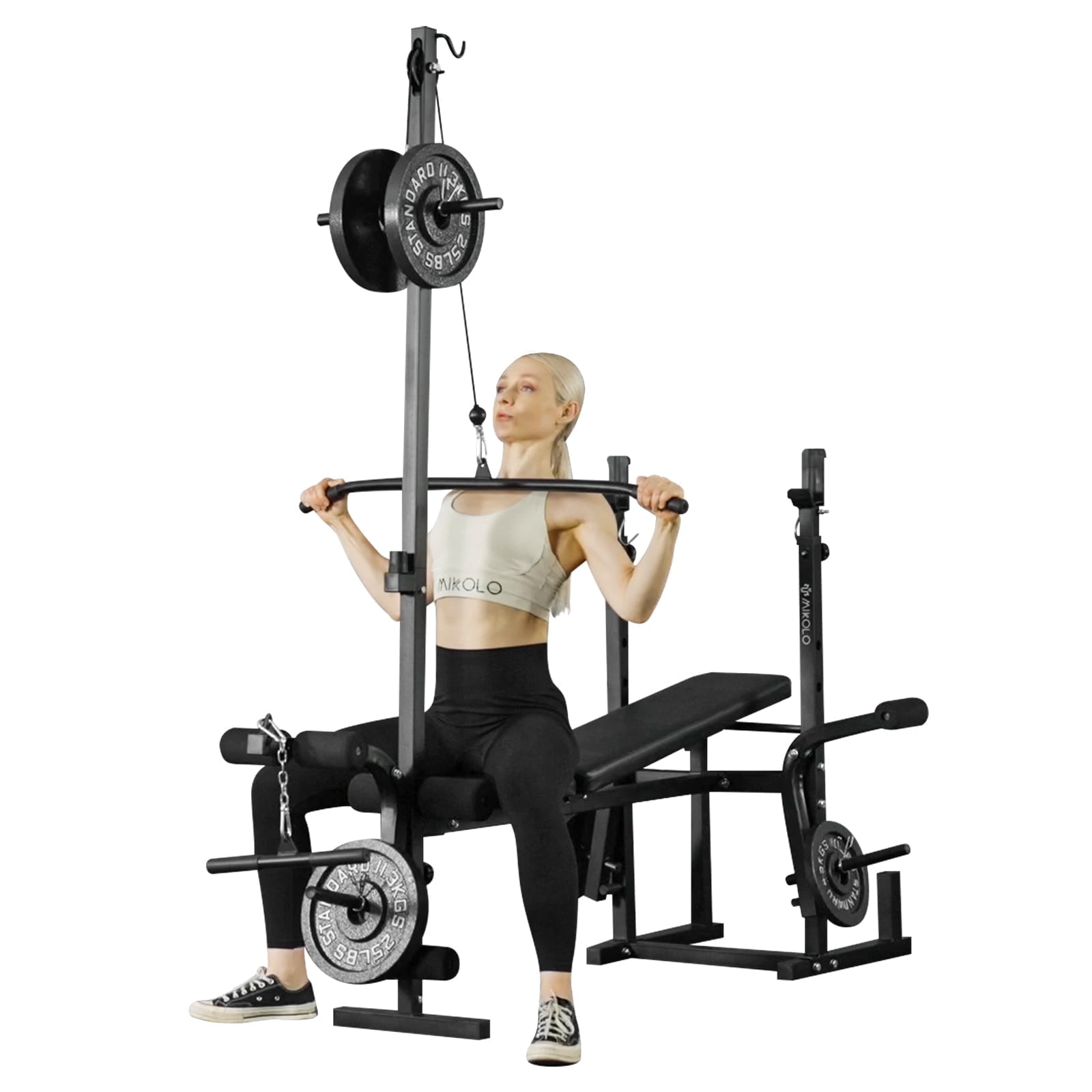 Mikolo Adjustable Weight Bench 800lbs 6 in 1 with Lat Pull Down, Leg ...