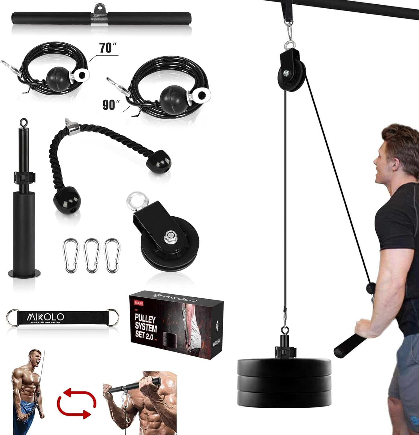 Mikolo Fitness LAT and Lift Pulley System, Dual Cable Machine(70'' and ...