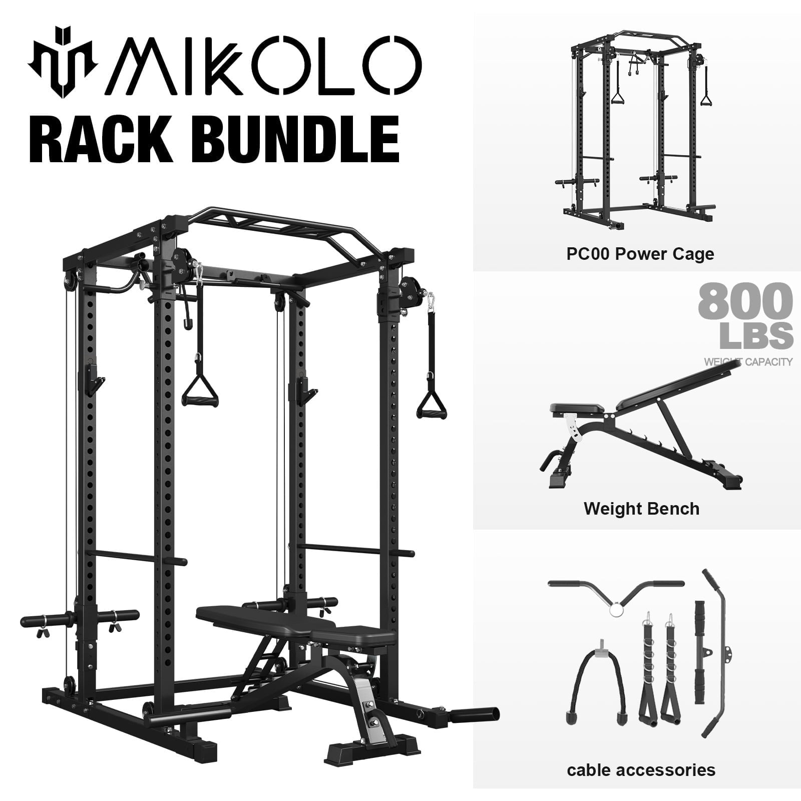 Mikolo Power Cage, Squat Rack with 800lbs Weight Bench, Multi-function ...
