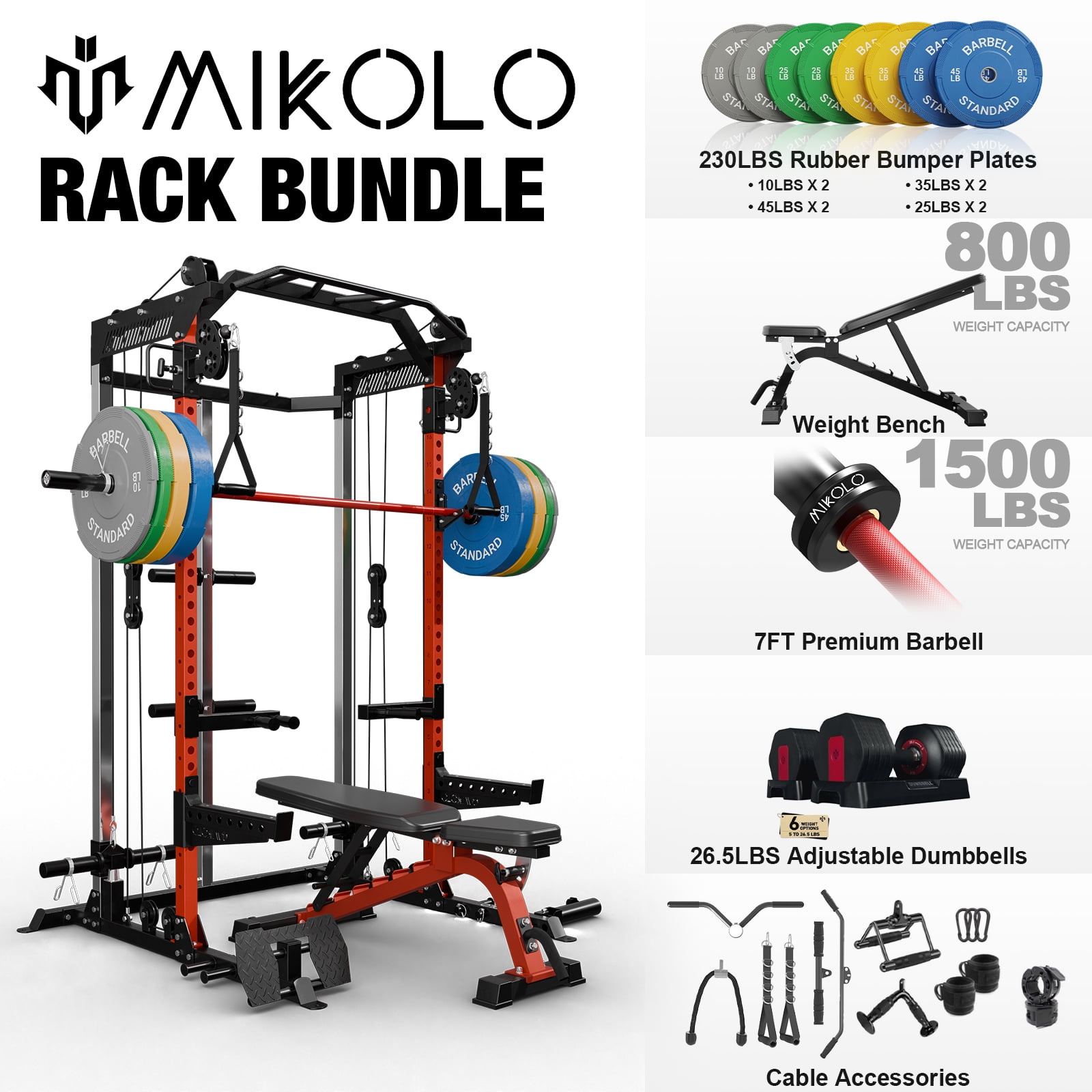 Mikolo Power Cage, Squat Rack W/ Dual Pulley Cable Crossover System ...