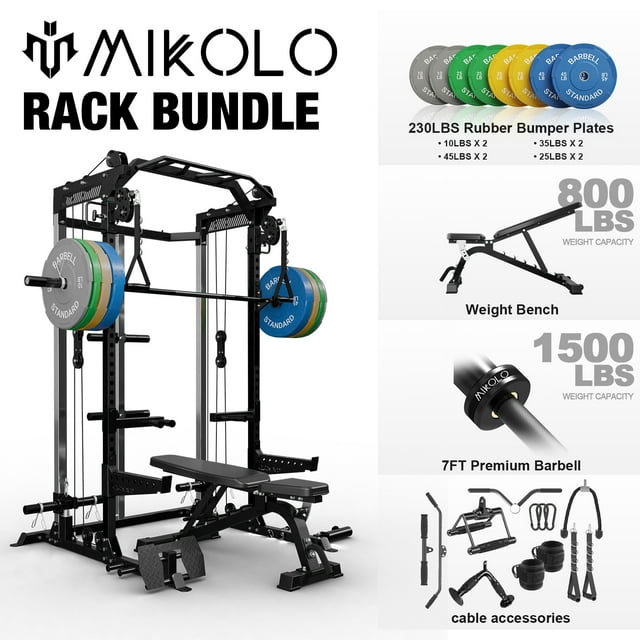 Mikolo Power Cage, Squat Rack with Dual Pulley Cable Crossover System ...