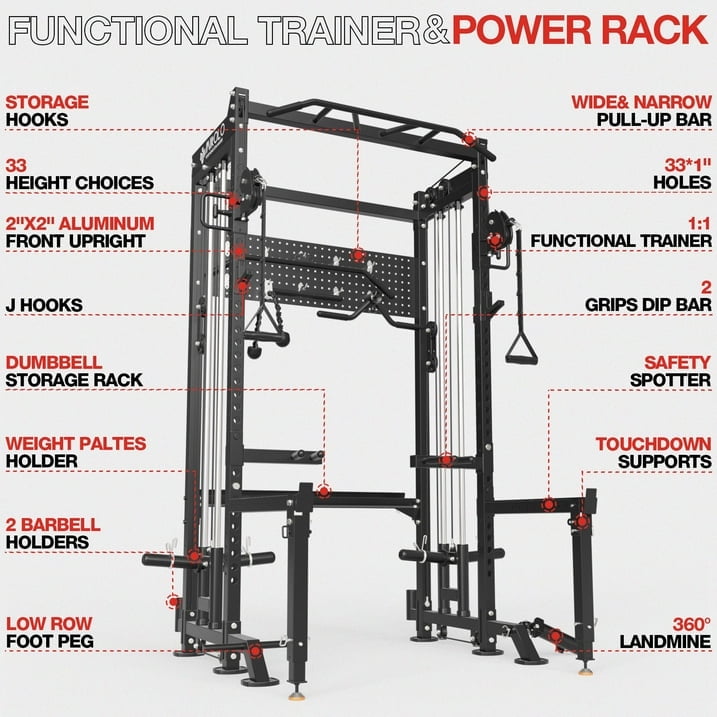 Mikolo Power Rack, 2000LB Capacity Power Cage with Dual Pulley Cable ...