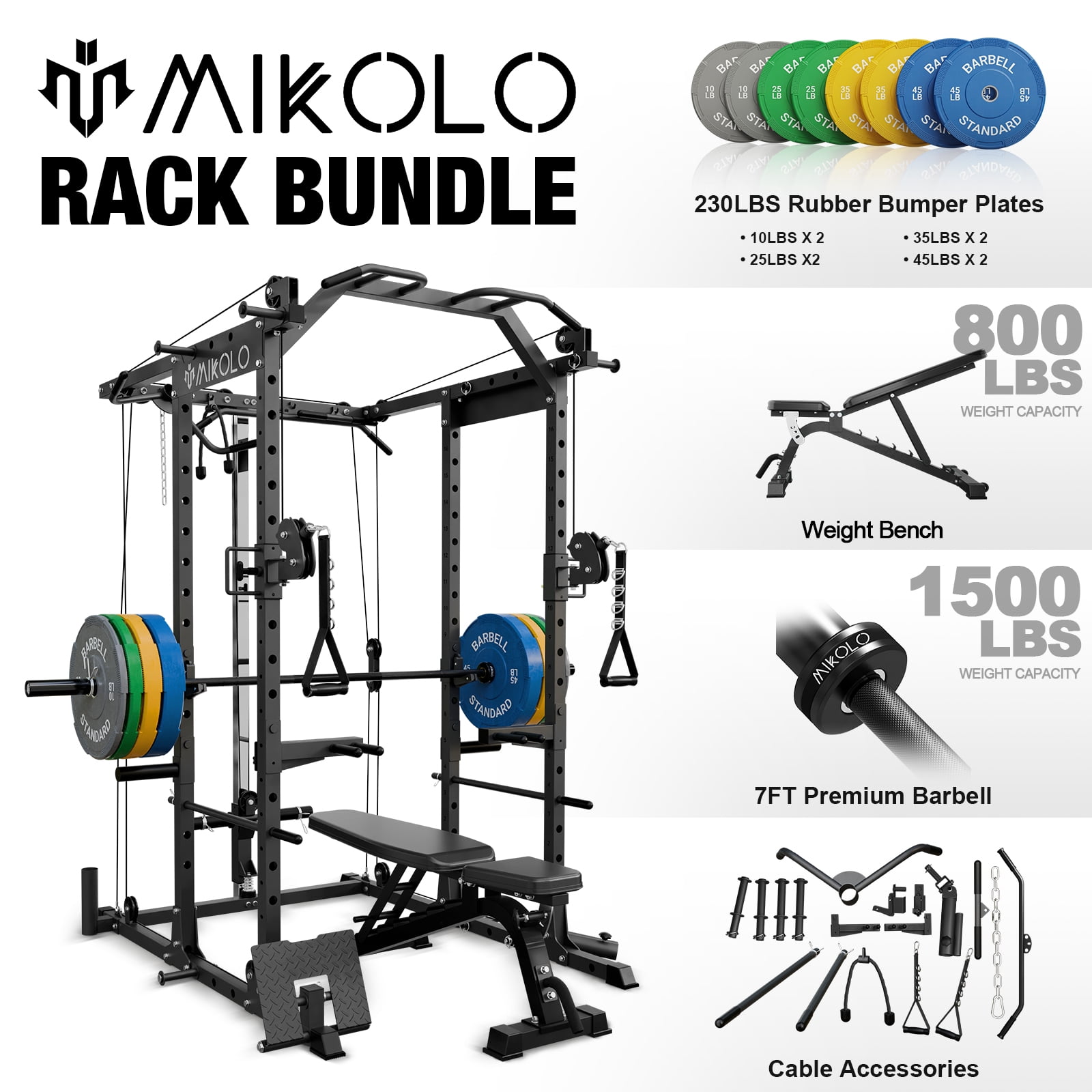Mikolo Power Rack Cage, 1500LBS with 800LB Bench, 1500LB Barbell, 230LB ...