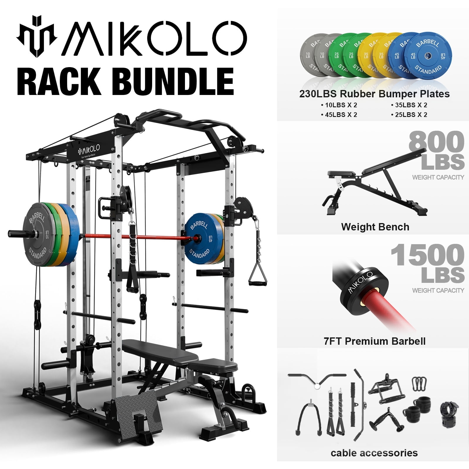 Mikolo Home Gym Package: 1500LBS Power Rack, 800LB Weight Bench ...