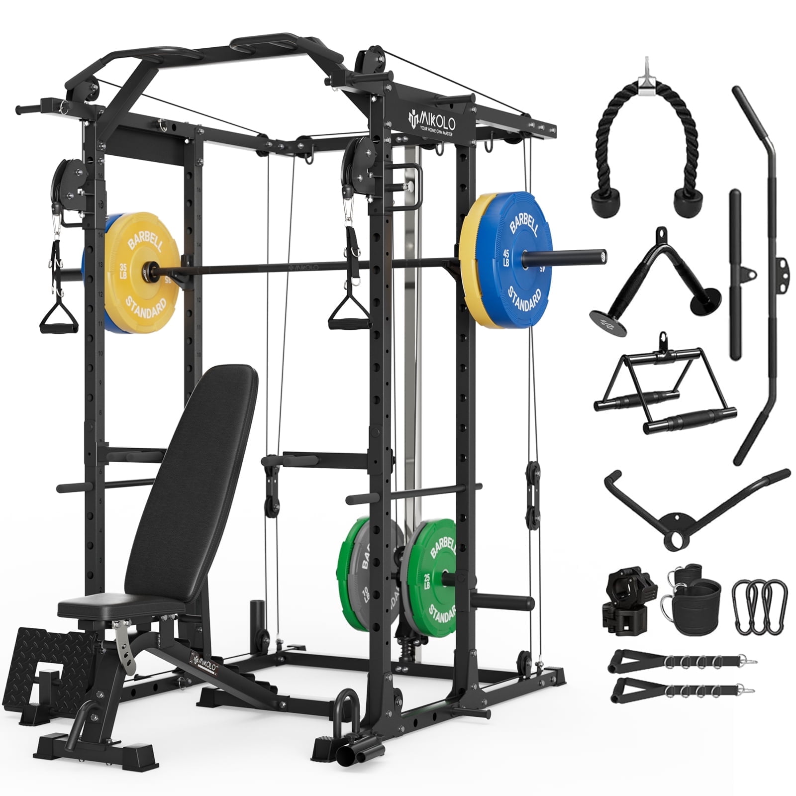 Mikolo Power Rack Cage, 1500LBS with 800LB Bench, 1500LB Barbell, 230LB ...