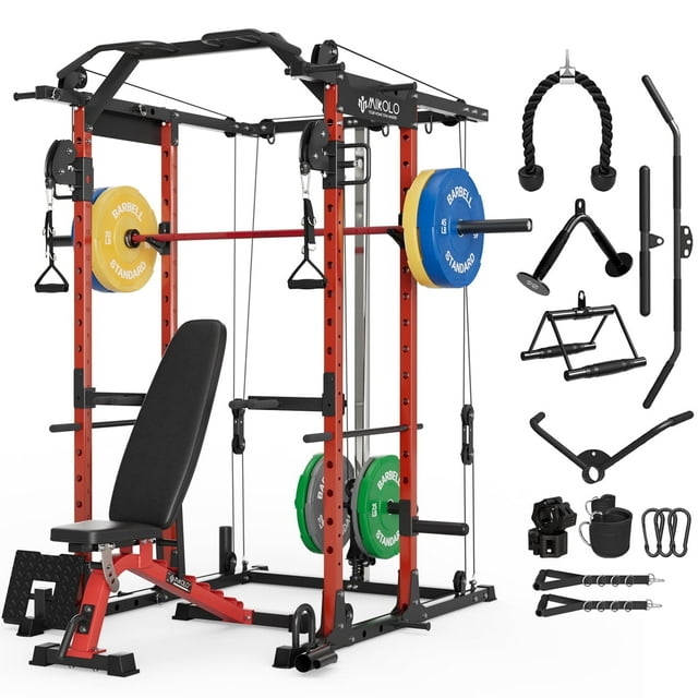 Mikolo Power Rack Cage & Bench Combo, 1500LBS Capacity with Barbell ...