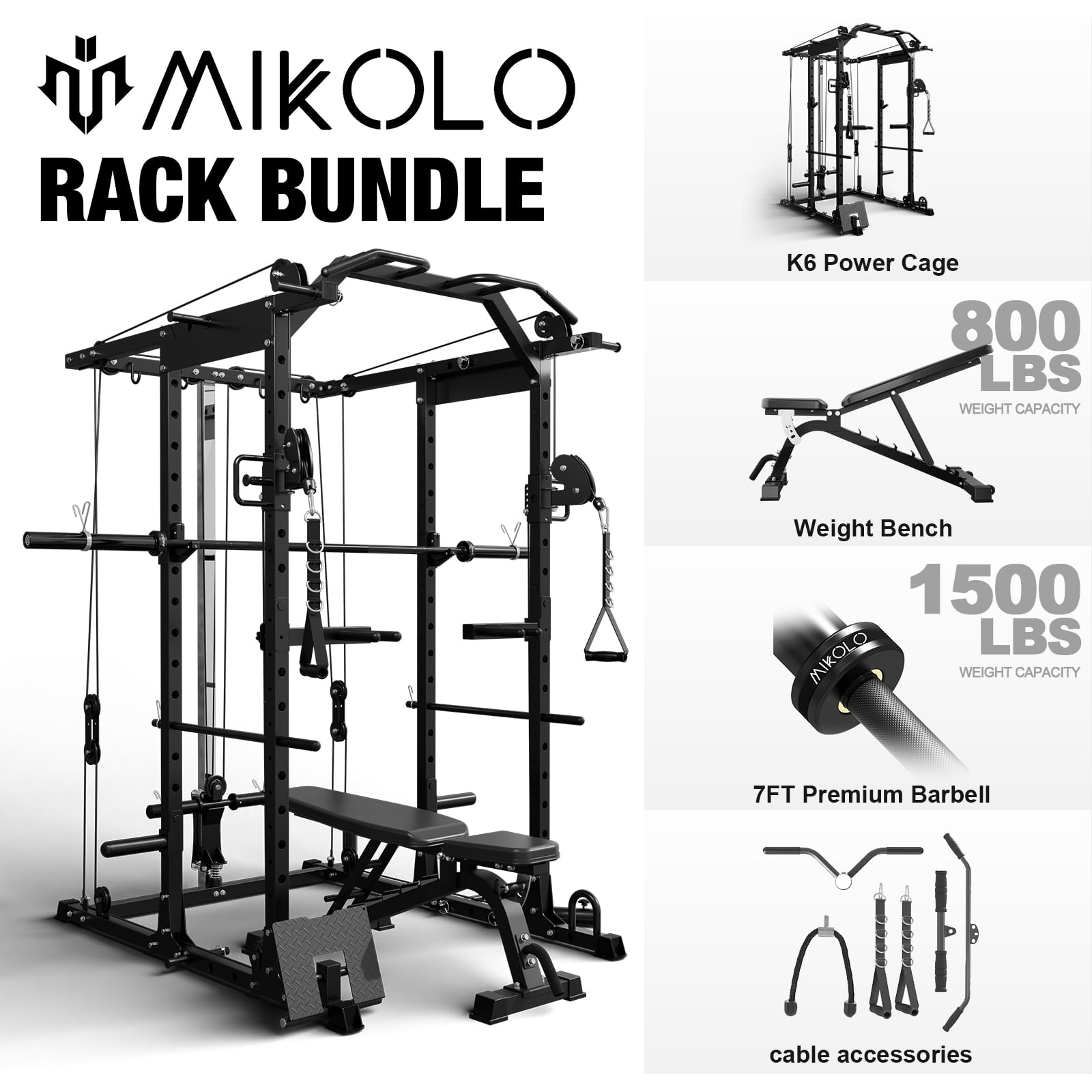 Mikolo Power Rack Cage, 1500LBS Weight Cage, 800LB Adjustable Bench ...