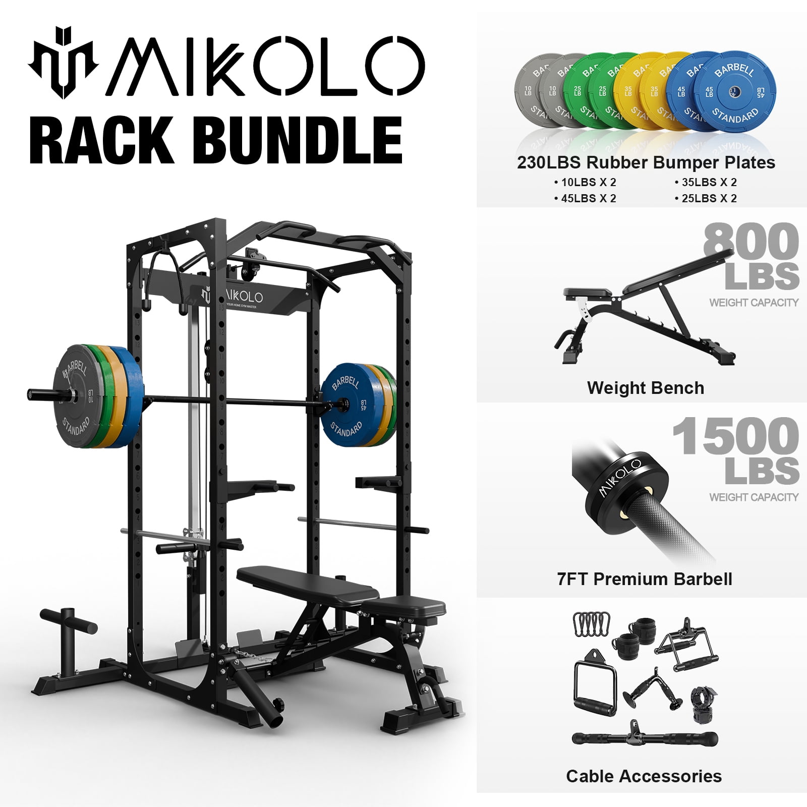 Mikolo 6-in-1 Power Rack Cage, 1200lbs Capacity, 800lbs Bench, 1500lbs ...