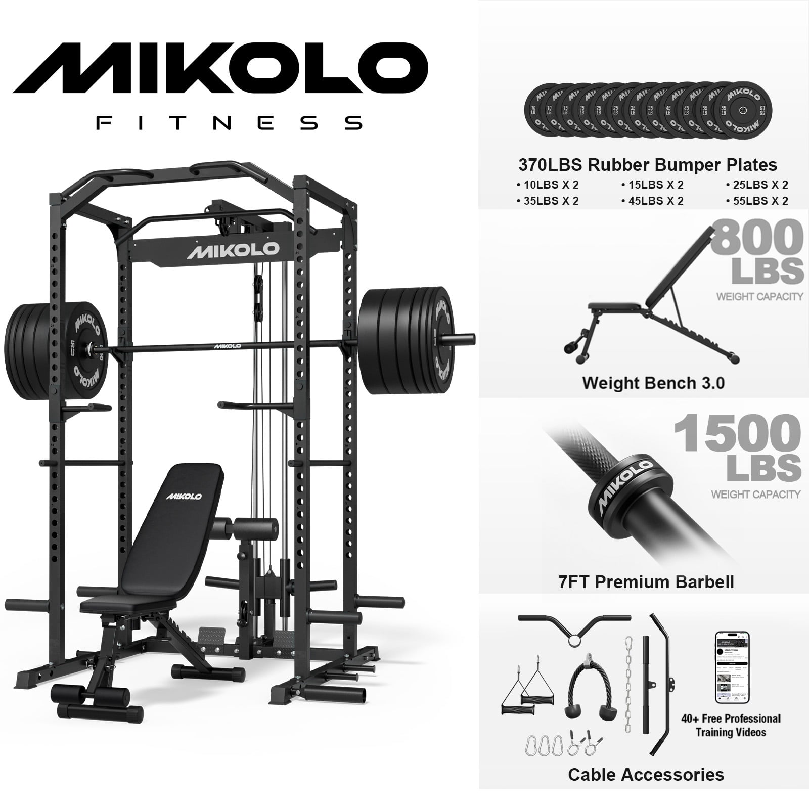 Mikolo Power Rack Cage with LAT Pulldown System,1200 lbs Capacity Power ...