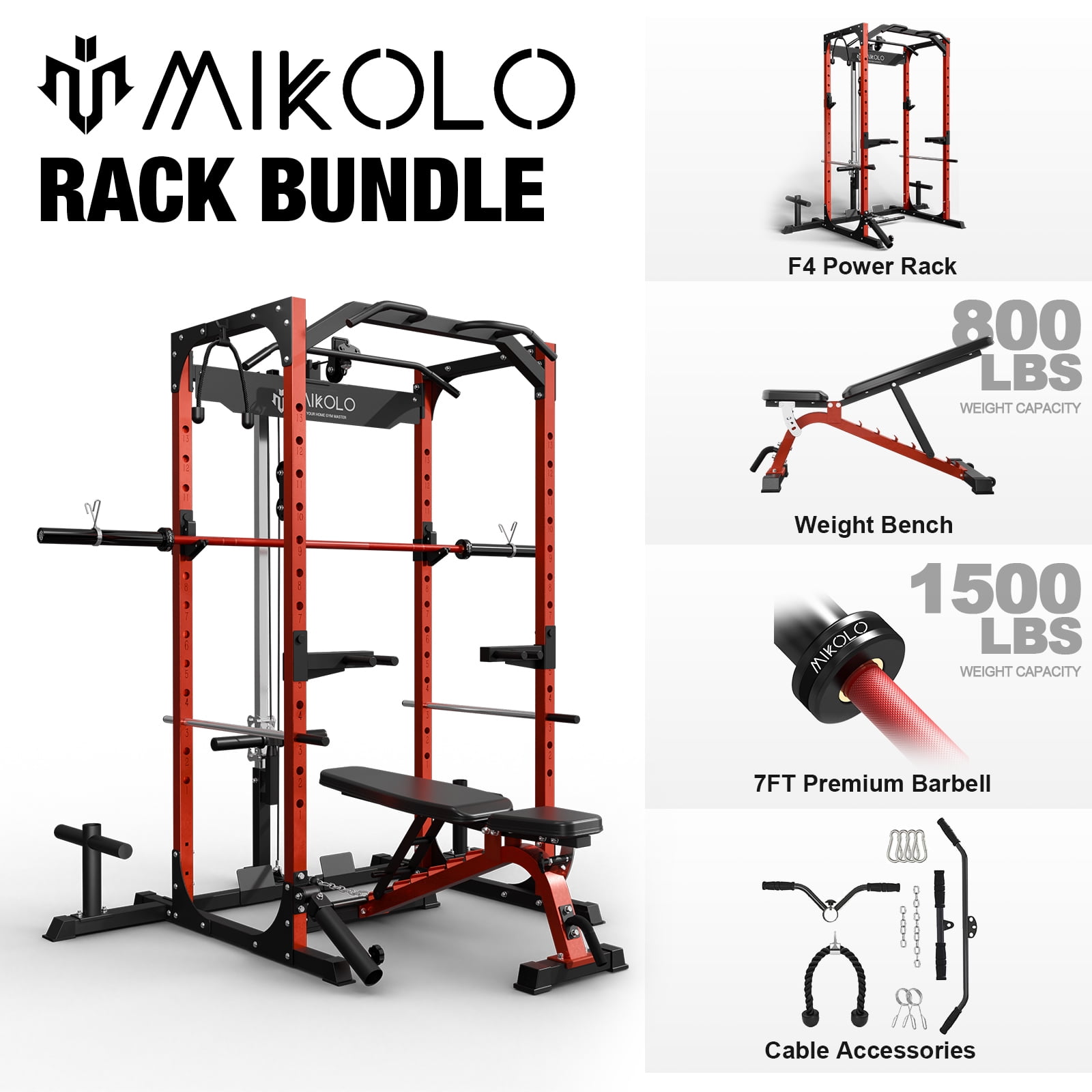 Mikolo Adjustable Power Rack Cage with LAT Pulldown, Weight Bench ...
