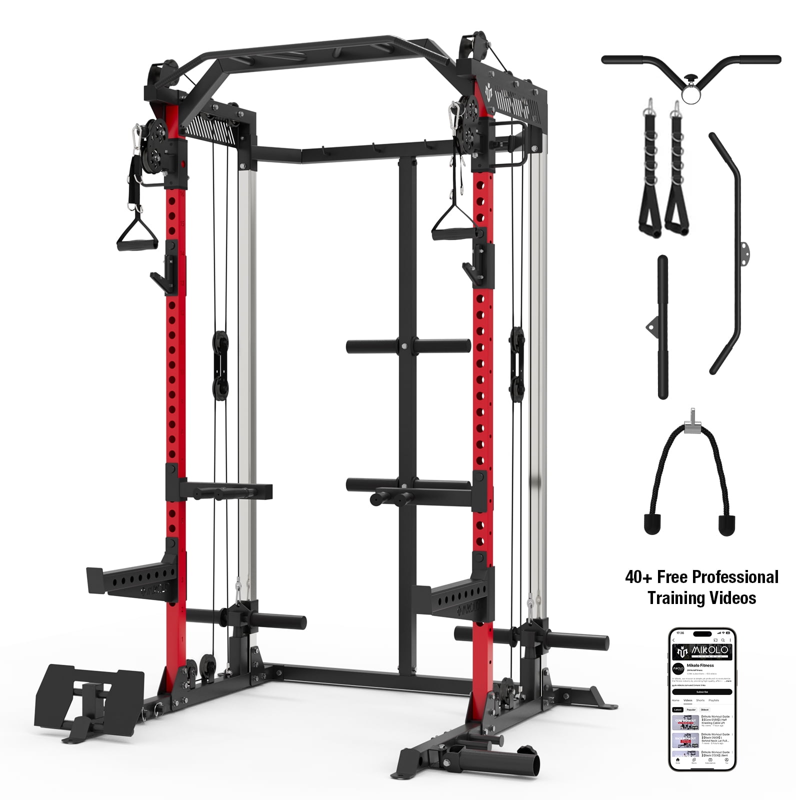 Mikolo Power Rack Cage, Red Weight Rack with Dual Pulley Cable ...
