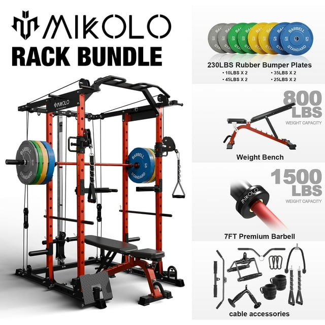 Mikolo Power Rack Cage, 800LB Bench, 1500LB Barbell, 230LB Plate Set ...