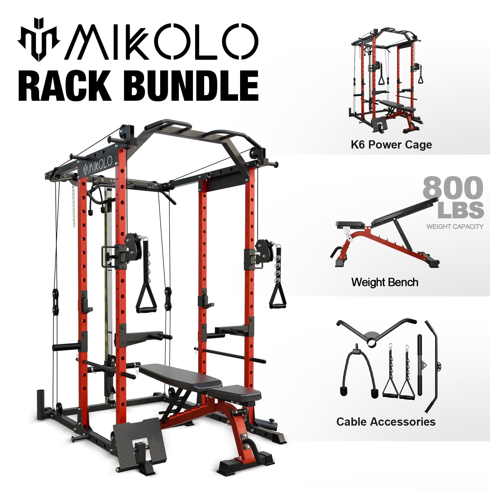 Mikolo Power Rack Cage, 800LB Capacity, Adjustable Bench, Multi ...