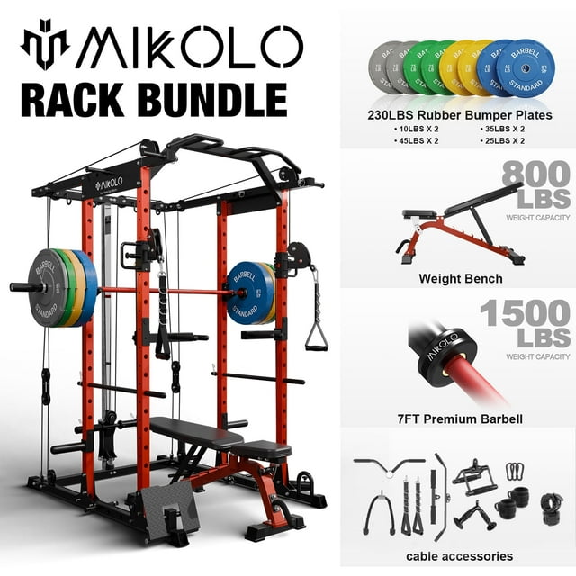Mikolo Power Rack Cage, 800LB Bench, 1500LB Barbell, 230LB Plate Set ...