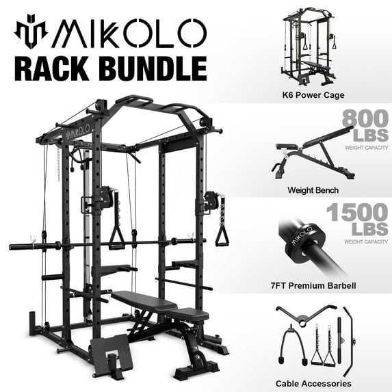 Mikolo Power Rack Cage, 1500LBS Weight Cage, 800LB Adjustable Bench ...