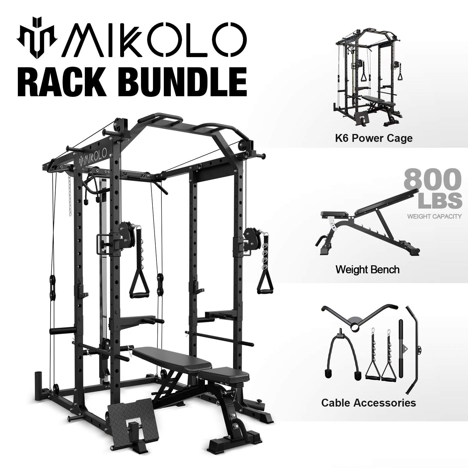 Mikolo Power Rack Cage, 1500LBS with 800LB Adjustable Bench, Multi ...