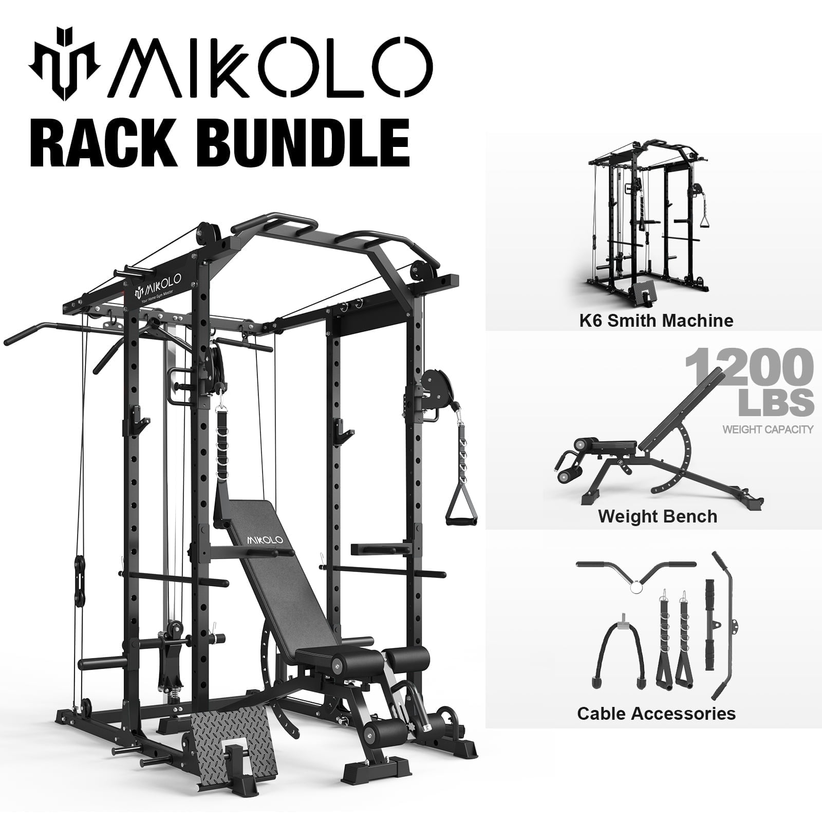 Mikolo Power Rack Cage, 1500LBS with 800LB Adjustable Bench, Multi ...