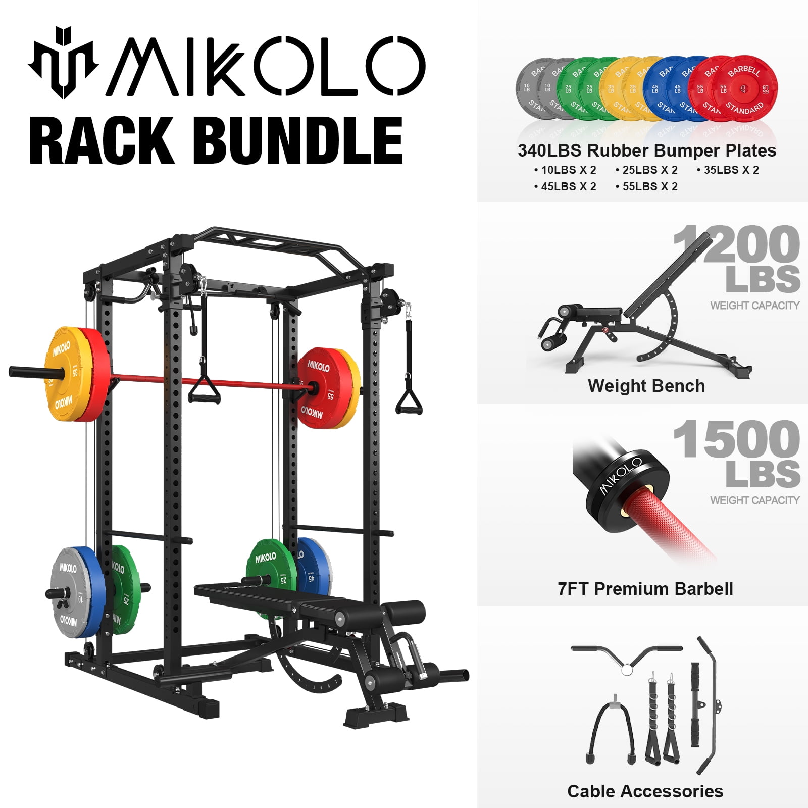 Mikolo Power Rack Cage with Dual Pulley System, 800lbs Adjustable ...