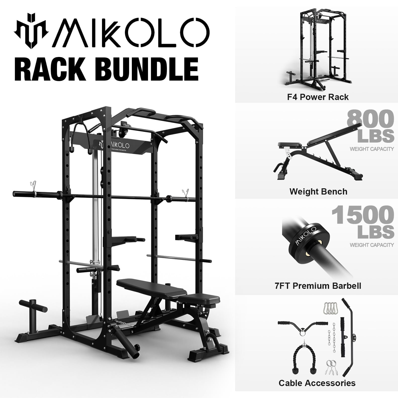 Mikolo Power Rack Cage with LAT Pulldown System, Squat Home Gym Bar Set ...