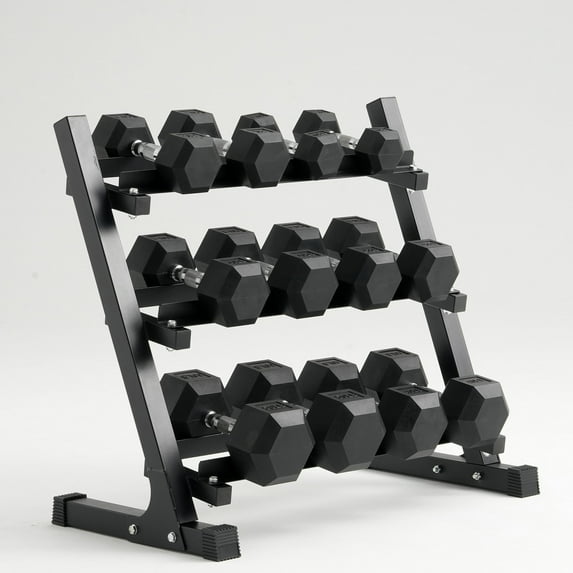 Mikolo 350LB Rubber Hex Dumbbell Set, 10-50LB Weights, 3-Tier Rack ...