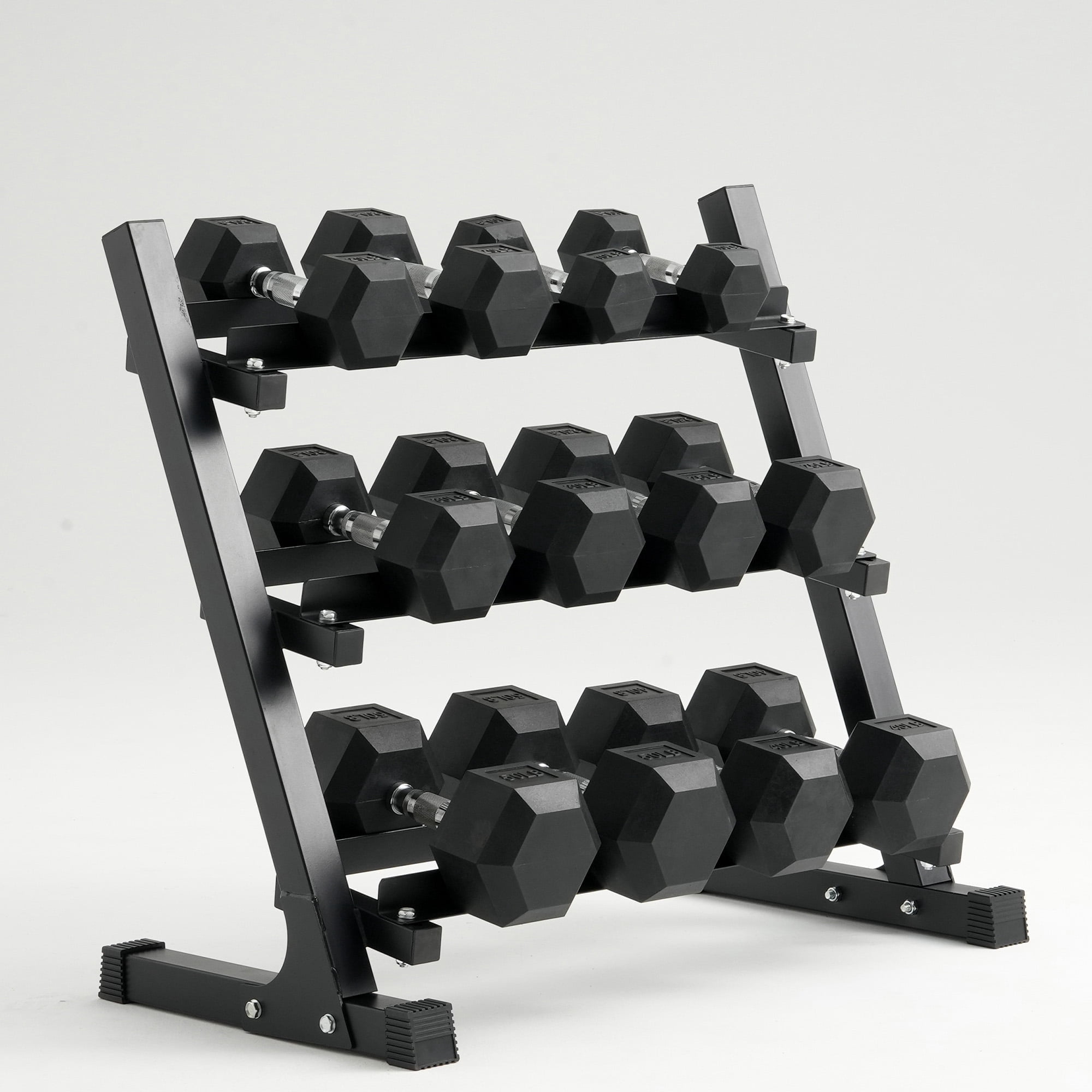 Mikolo 350LB Rubber Hex Dumbbell Set, 10-50LB Weights, 3-Tier Rack ...