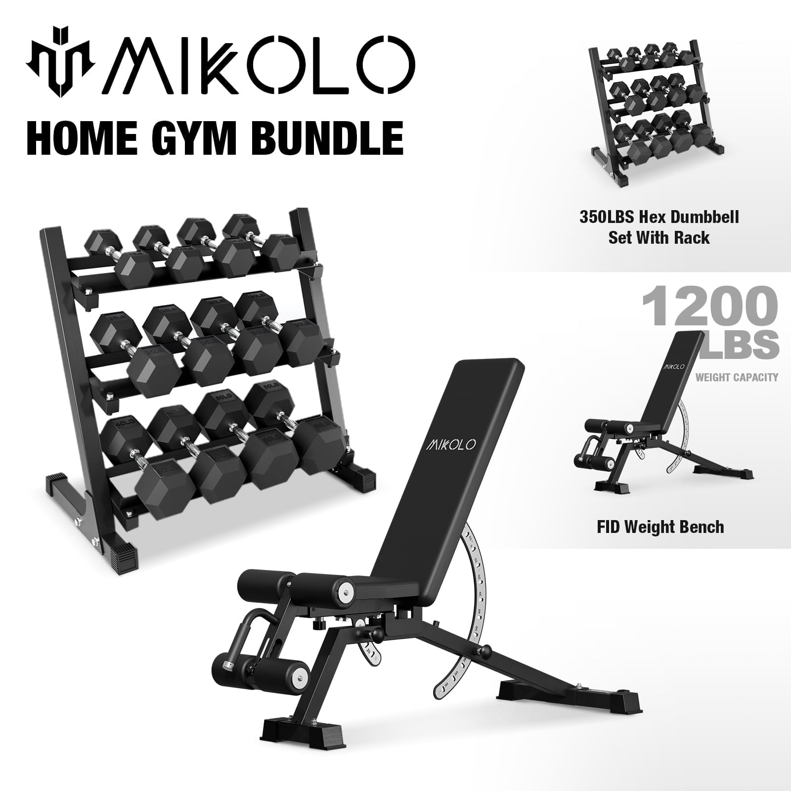Mikolo Rubber Hex Dumbbell Set with Racks, Multiple Options in 160/200 ...