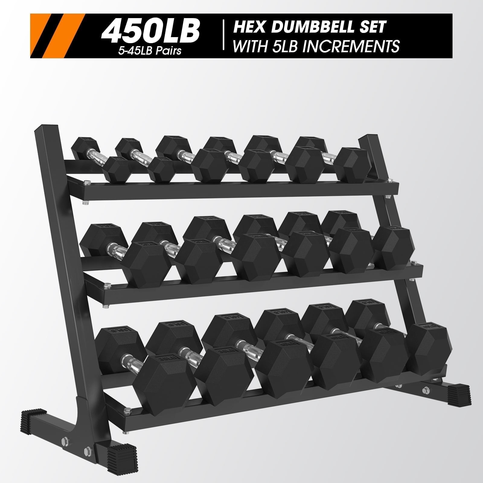Mikolo Rubber Hex Dumbbell Set with Racks, Option in 450lbs, Strength ...