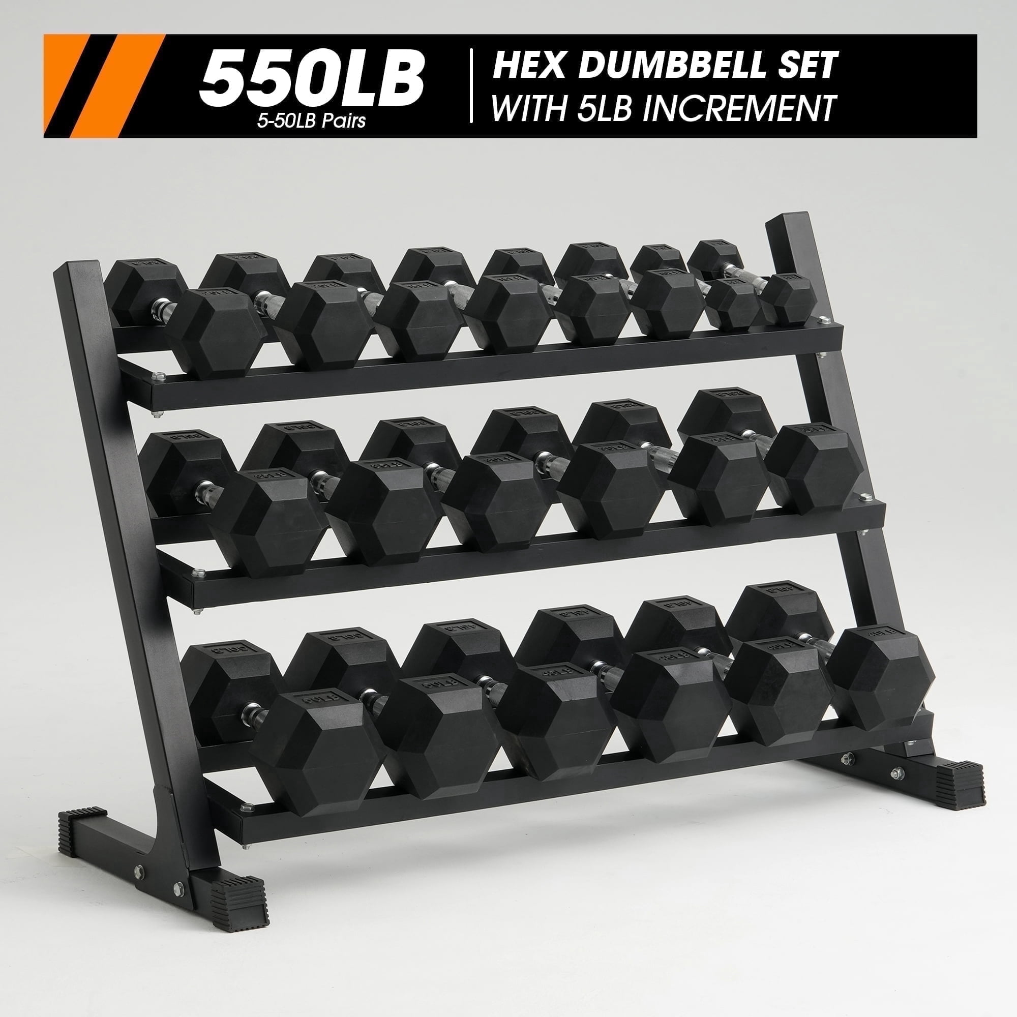 Mikolo Rubber Hex Dumbbell Set with Racks, Options in 550lbs, Strength ...