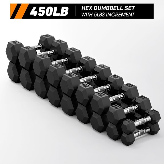 Mikolo Rubber Hex Dumbbell Set, Option in 450lbs, Strength Training ...
