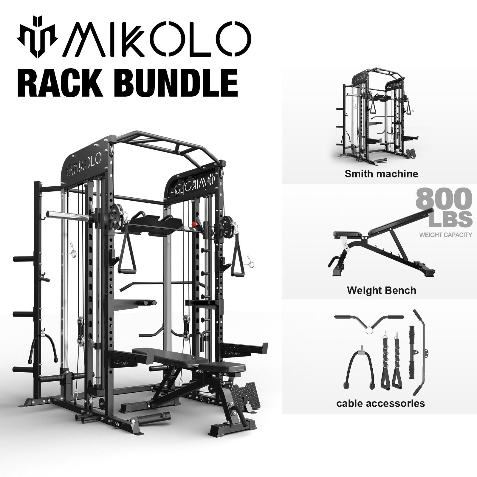 Mikolo M7 Smith Machine, 10-in-1 Power Rack Cage, Adjustable Cable Crossover, Vertical Leg Press ...