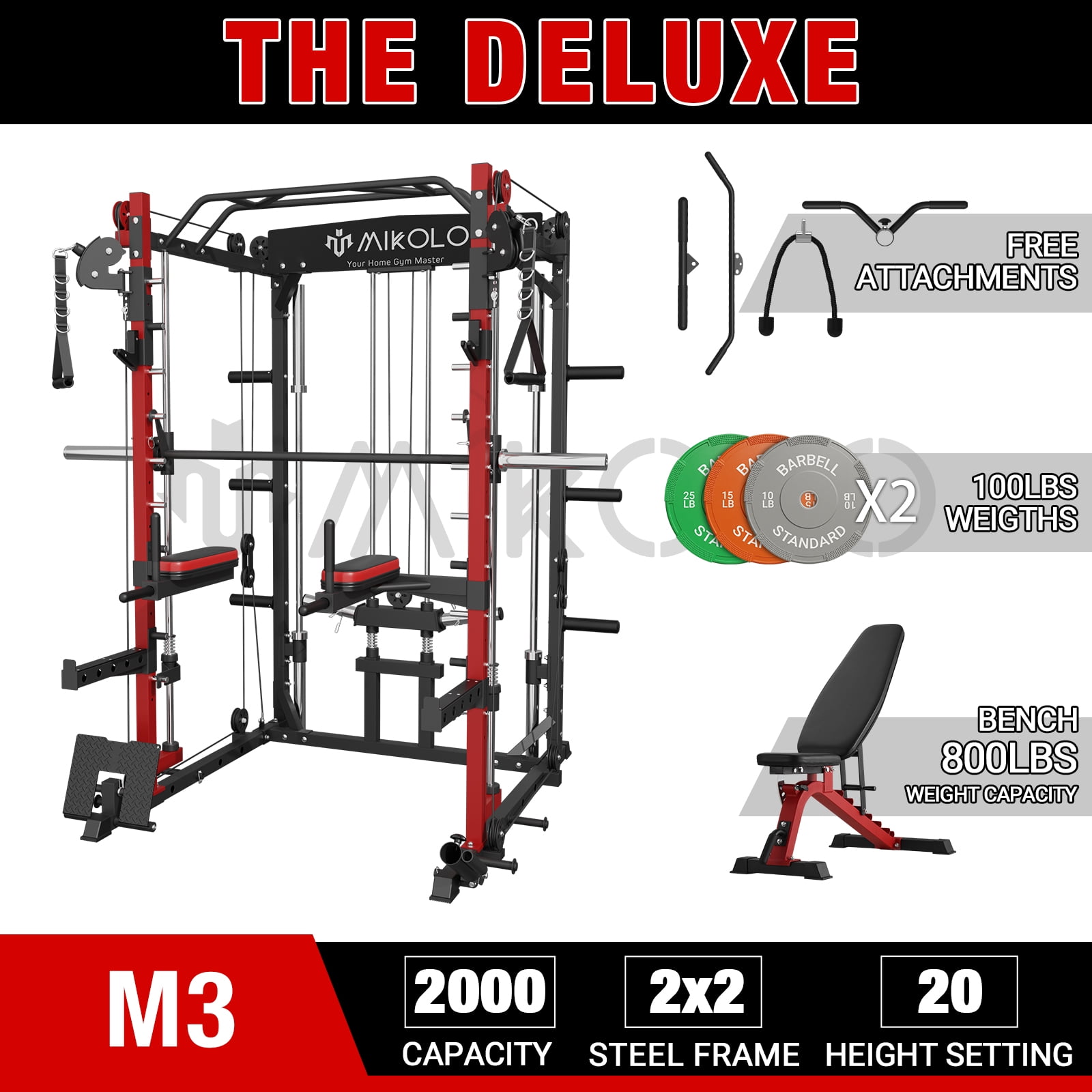 Mikolo Home Gym Smith Machine, Power Rack Cage, Cable Crossover, 2000 ...