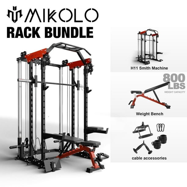Mikolo Smith Machine with Weight Bench, 2000LBS Power Cage with Seat ...