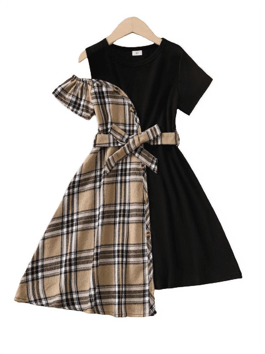 Mikrdoo 10 Years Big Girls Kids Girls Dress Fashion Plaid Splice Off Shoulder Bow Asymmetrical ...