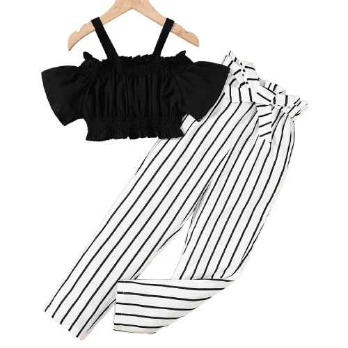 Mikrdoo 10 Years Big Girls Outfits Strpas Crops Tops Elastic Stripe Pants 2Pcs Clothes Set Black ...