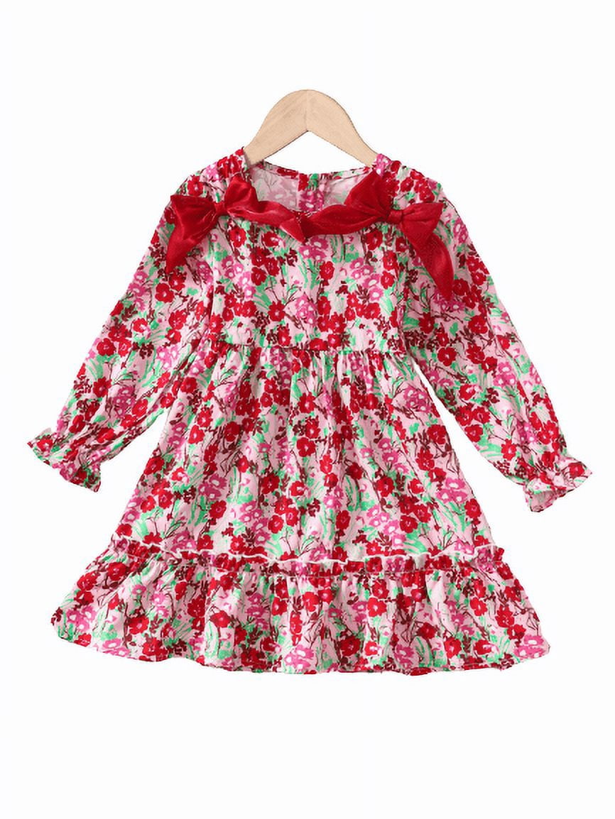 Mikrdoo 3-4 Years Kid Toddler Girls Dress Floral Print Long Sleeve Bow ...