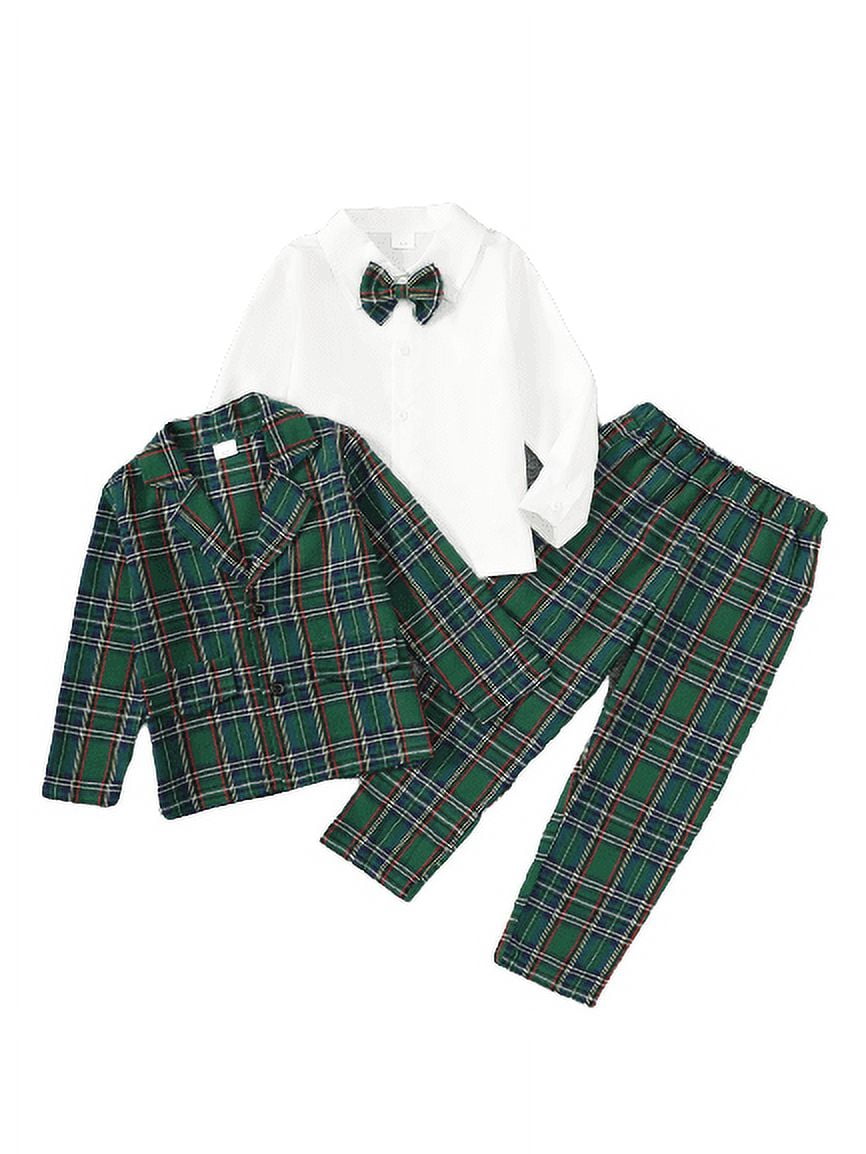 Mikrdoo 3pcs Boy's Plaid Patter Gentleman Outfit, Bowtie Shirt & Suit ...