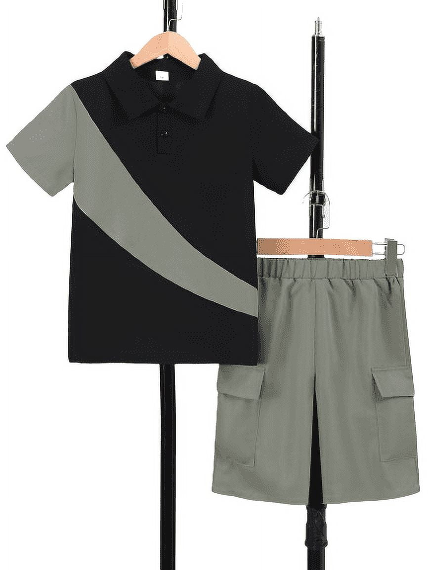 Mikrdoo 9-10 Years Big Boys Summer Clothes Color Splicing Short Sleeve Polo Shirt Elastic Shorts ...