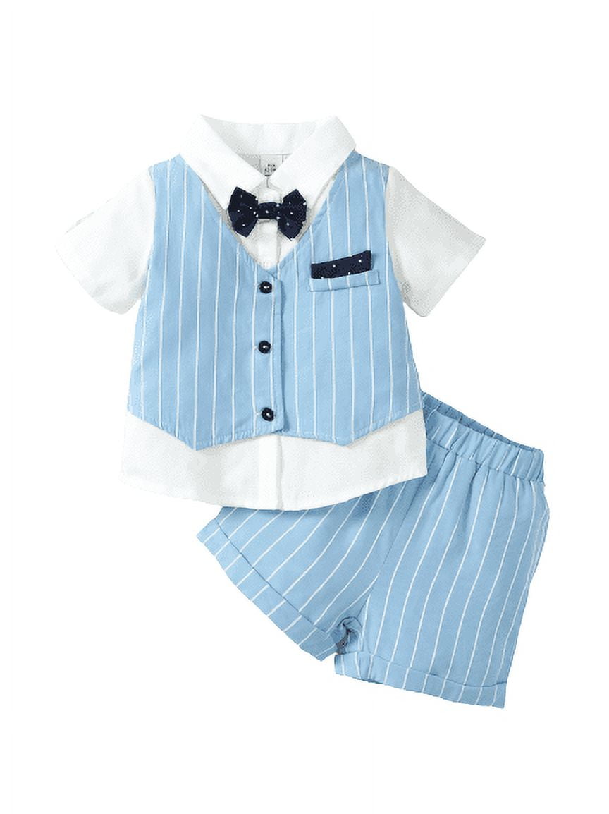 Mikrdoo Baby Boys Clothes Bow Tie Fake Two Pieces Shirts Stripe Shorts ...