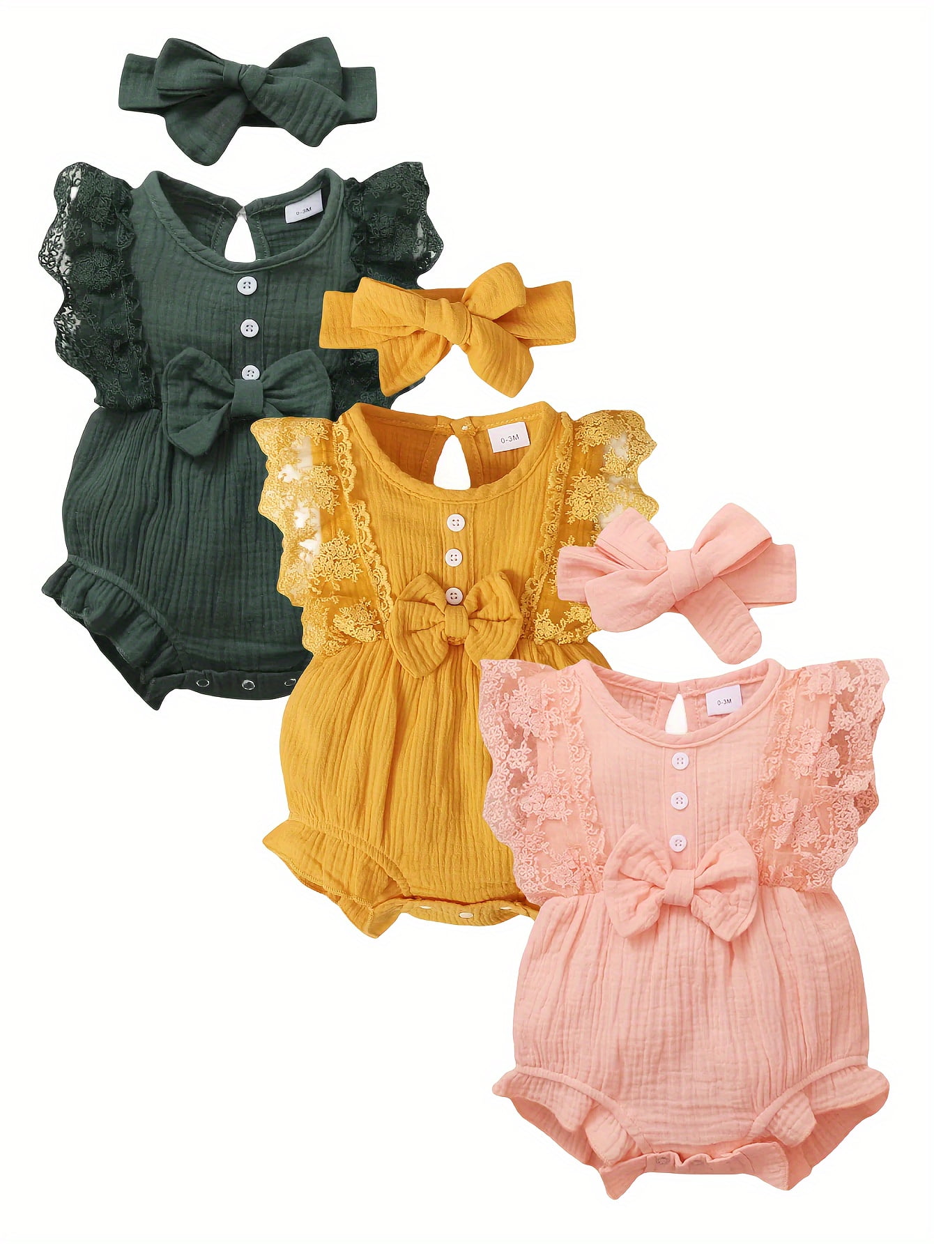 Mikrdoo Baby Girls' Bodysuit - 3 Pack Lace Decorated Comfy Cotton Onesie Romper - 3-6 Months ...