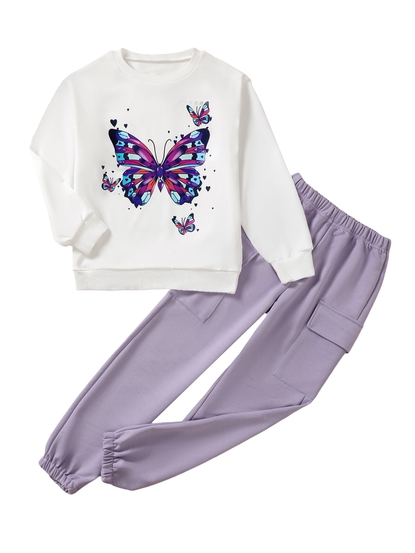 Mikrdoo Big Girls 8-12T Kids Girls Clothes Butterfly Print Tops Elastic Cargo Pants 2Pcs Casual ...