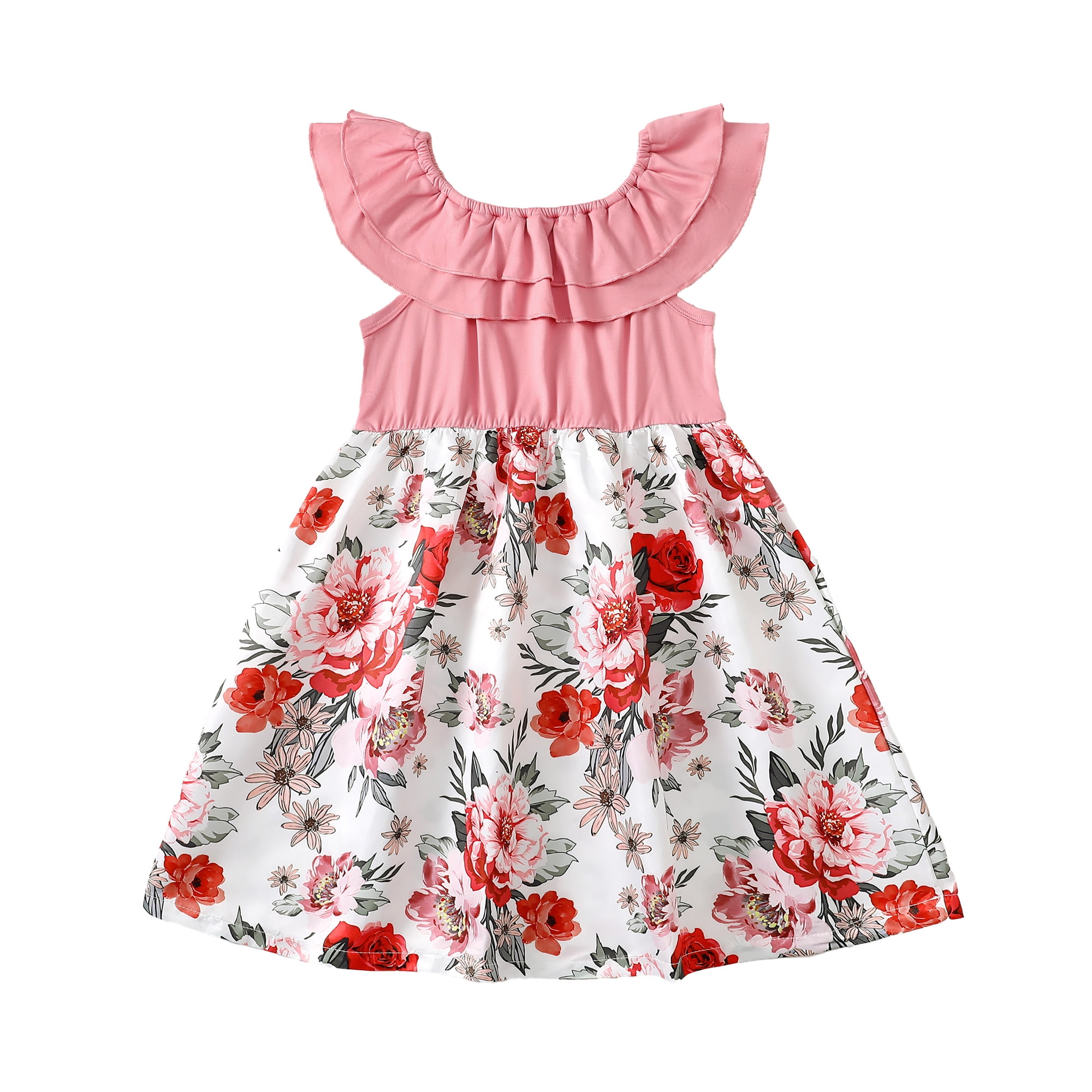 Mikrdoo Girls Tank Lotus Leaf Collar Splice Floral Graphics Dress ...