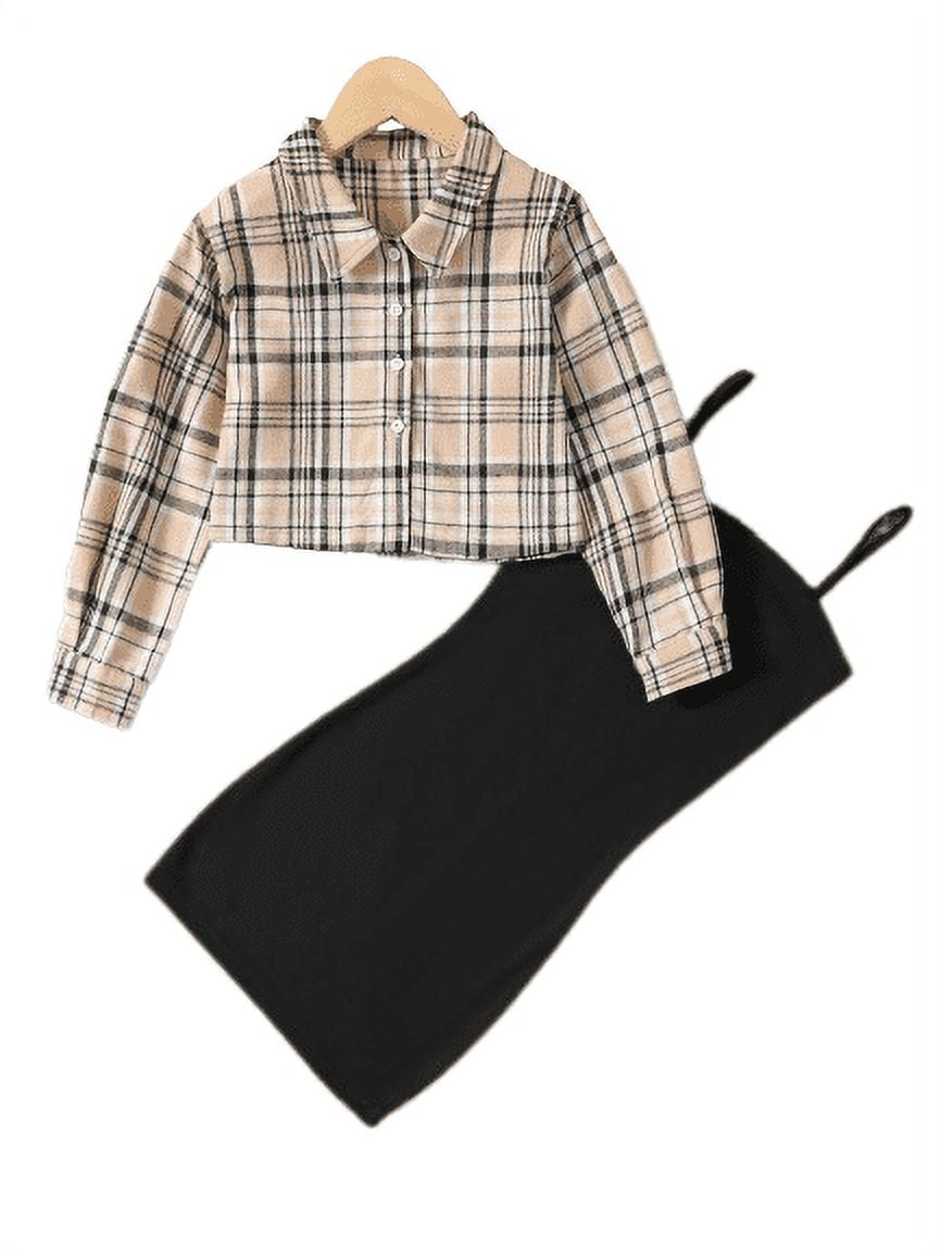 Mikrdoo Kids Girls Outfits, Straps Dress and Plaid Coat 2pcs Clothes ...