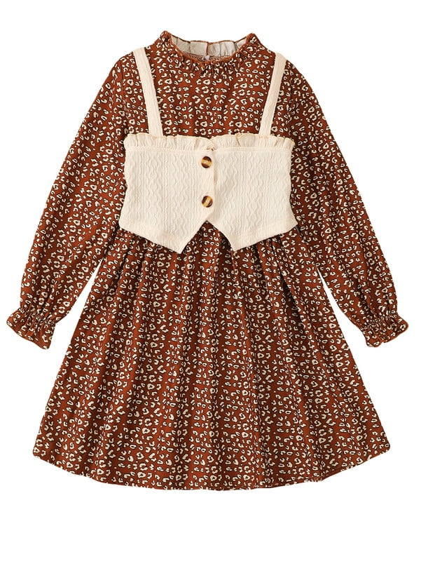 Mikrdoo Toddler Kid Girls Dress Set Floral Print Stand Collar Long ...